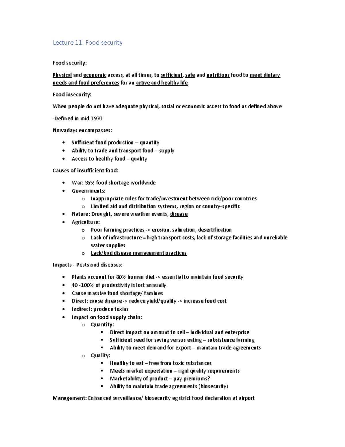 UNIB2001 4 - Lec 11 - Exam styled answers/notes on Food Security ...