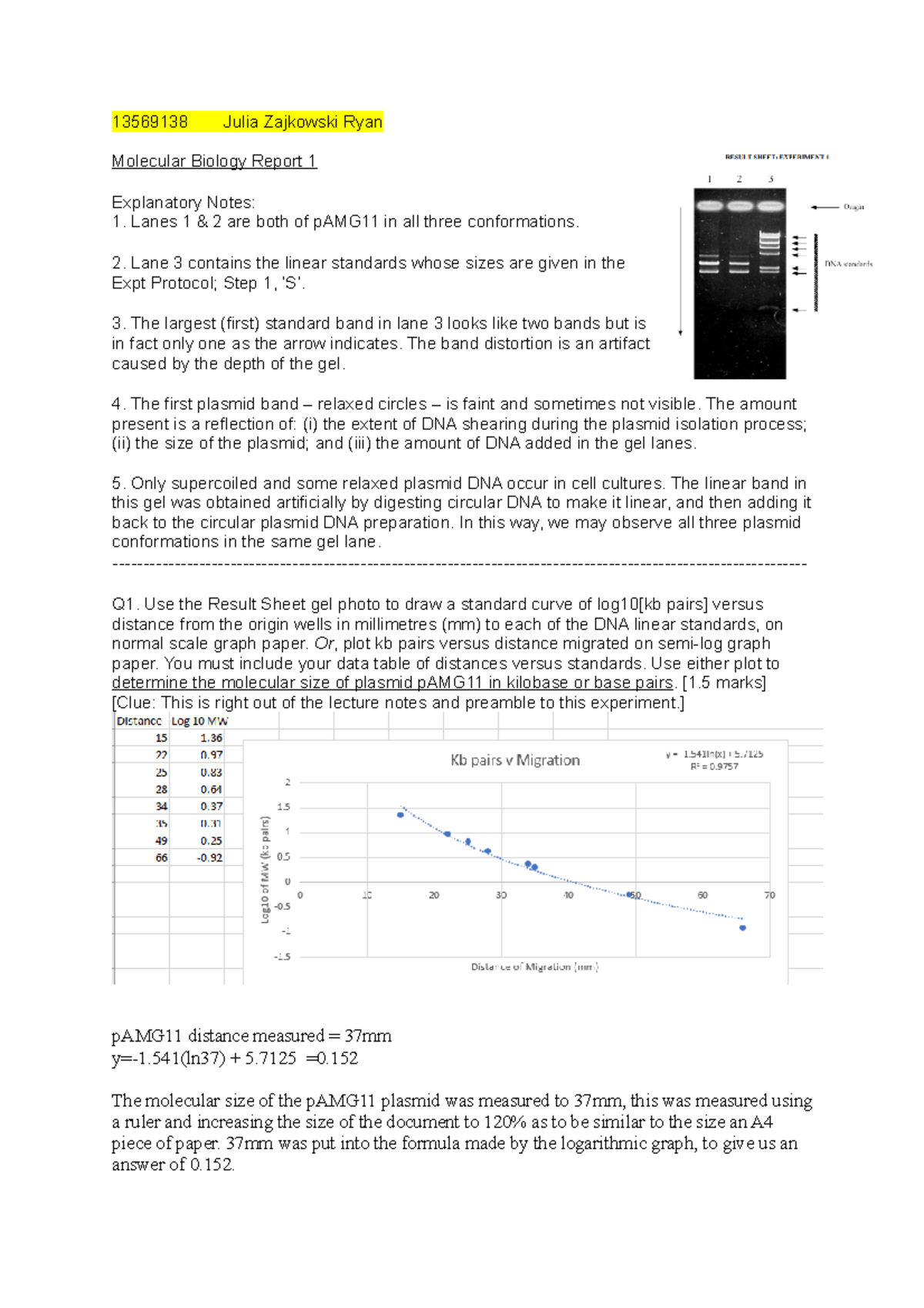 Molecular Biology report 1 - 13569138 Julia Zajkowski Ryan Molecular ...