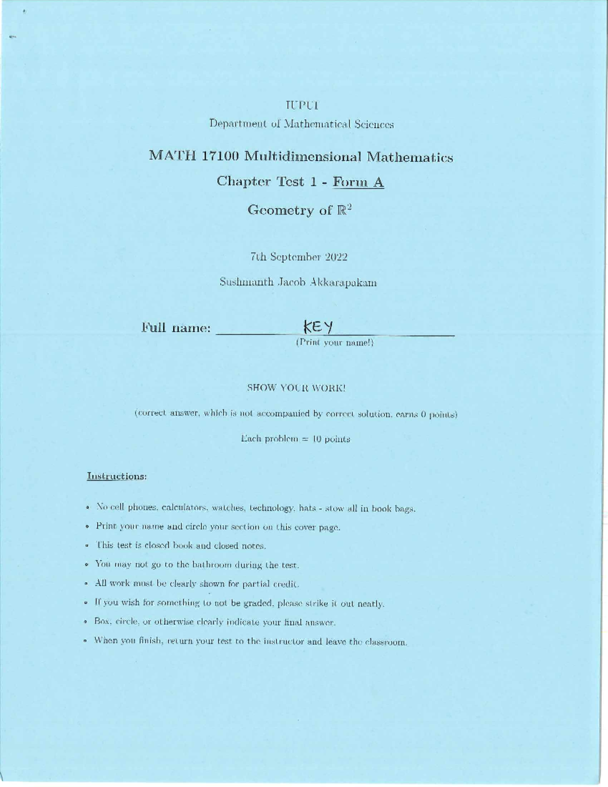 MATH 171 Test 1 Key Form A (Blue colour) - Department of Mathematical ...
