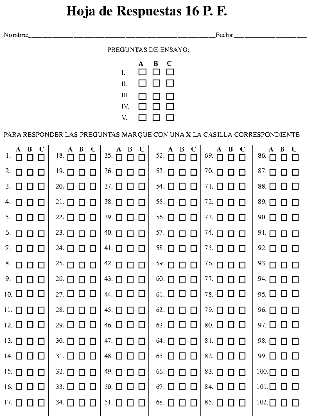 Hoja de Respuestas - TEST - Hoja de Respuestas 16 P. F. - Studocu