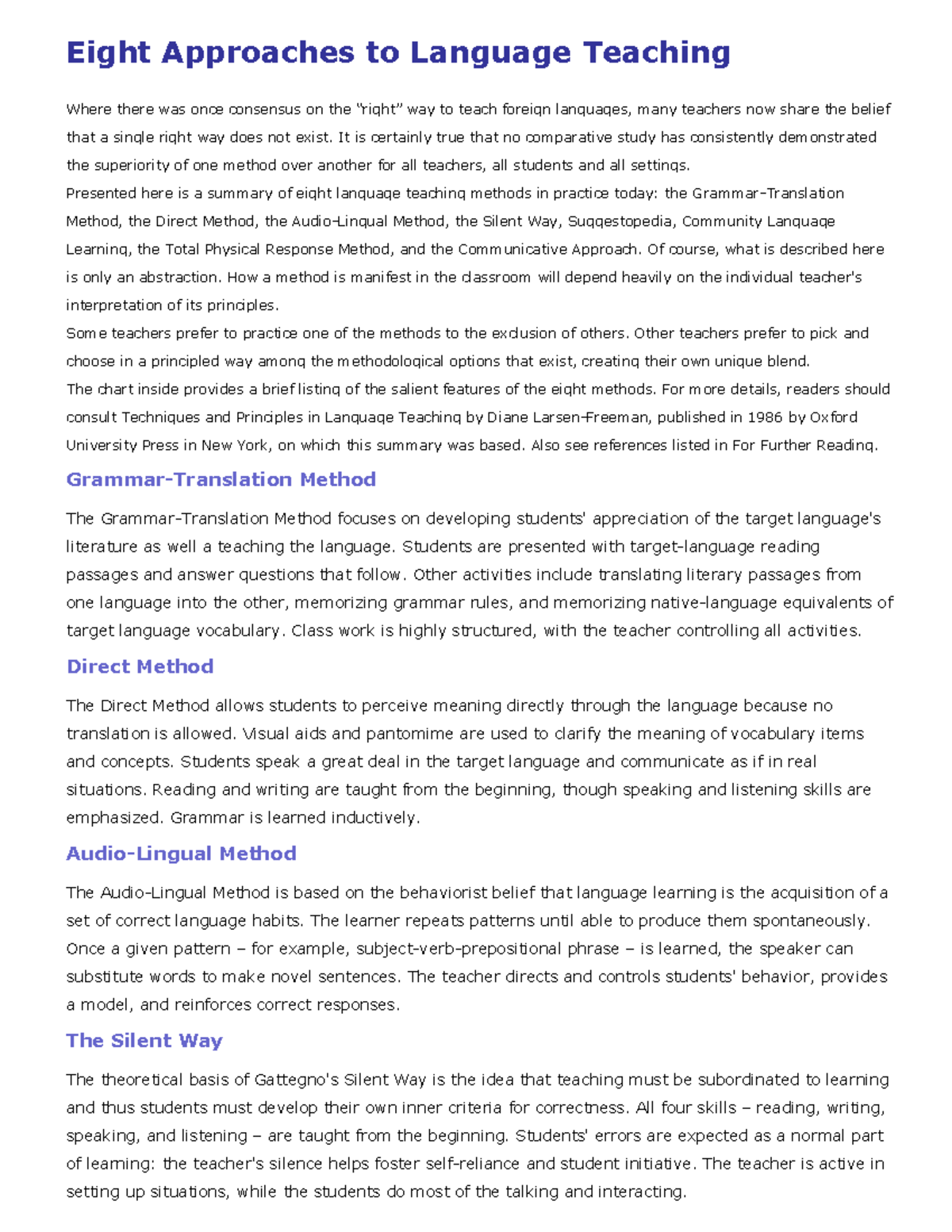 eight Approaches to Language Teaching ( summary) - Eight Approaches to ...