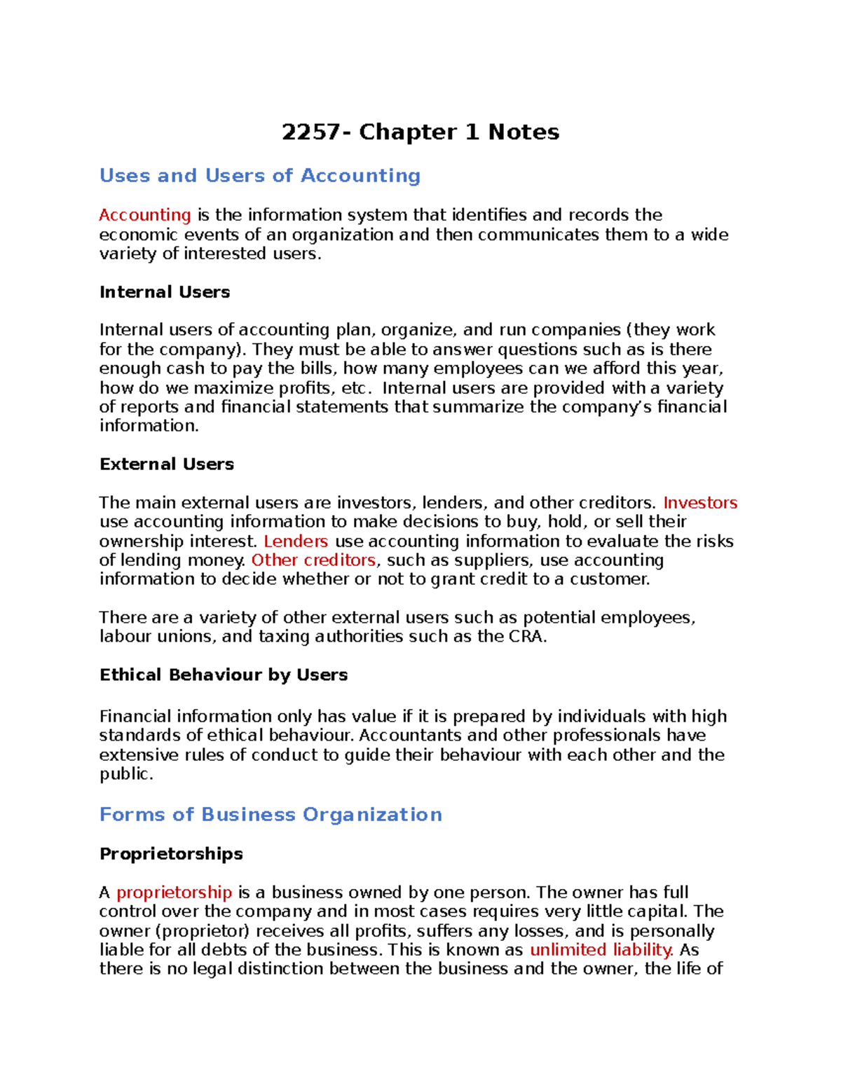 Chapter 1 Notes - 2257- Chapter 1 Notes Uses and Users of Accounting ...