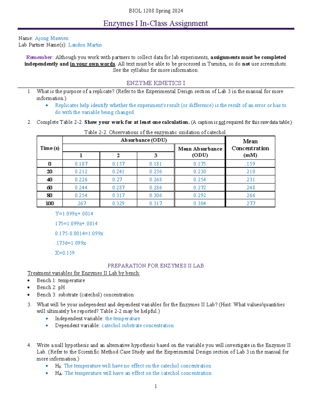 AMawien Enzyme ICA - ICA assignments - BIOL 1208 Spring 2024 1 Enzymes I In-Class Assignment ...
