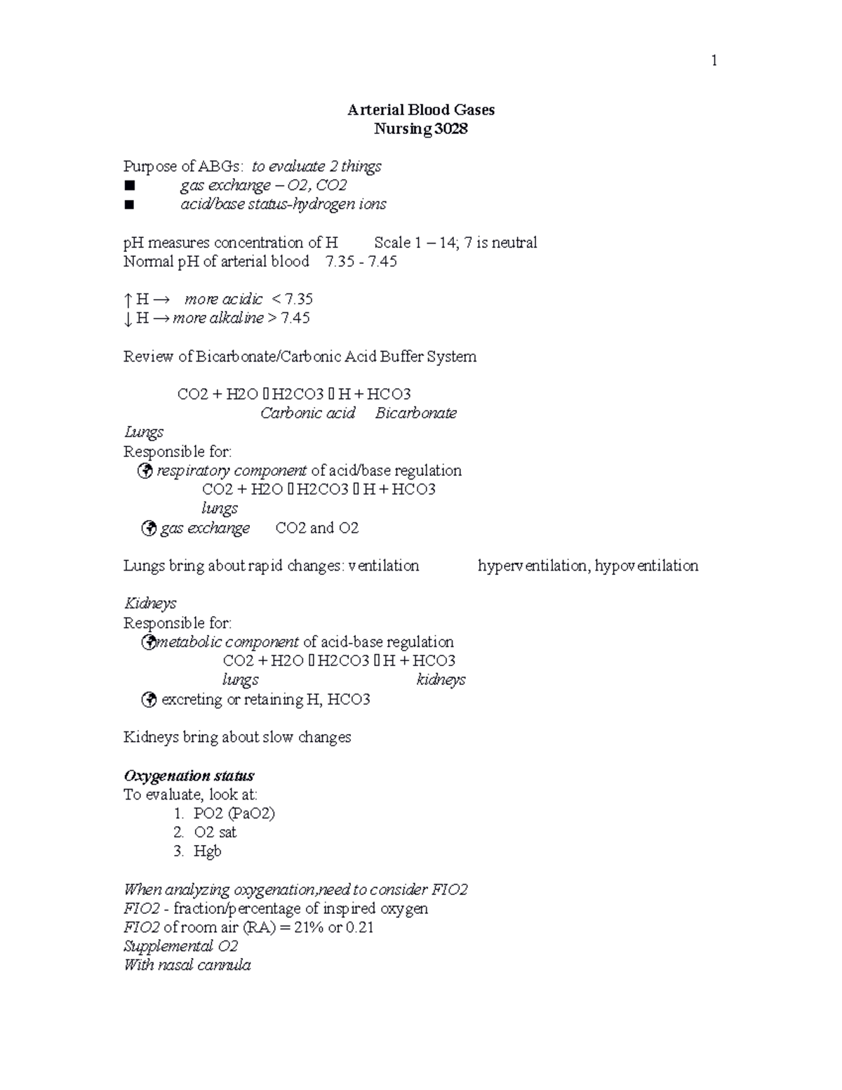 ABG Lecture Notes - ABGs - Arterial Blood Gases Nursing 3028 Purpose of ...