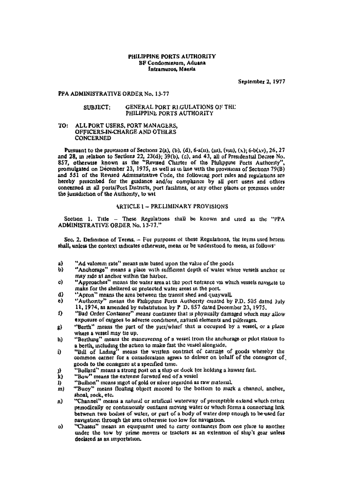 PPA AO No. 13-77 - ####### PHILIPPINE PORTS AUTHORITY BF Condomanaum ...