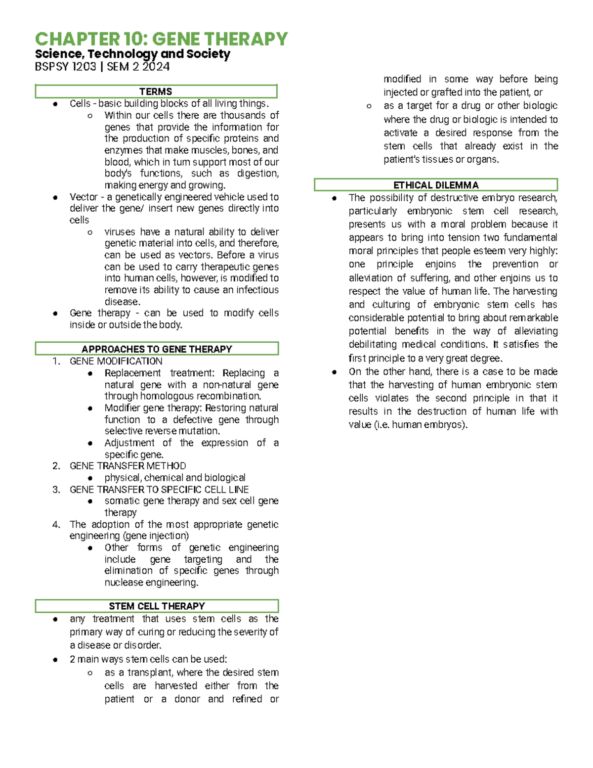 STS- Chapter-10 - Sts - CHAPTER 10: GENE THERAPY Science, Technology and Society BSPSY 1203 ...