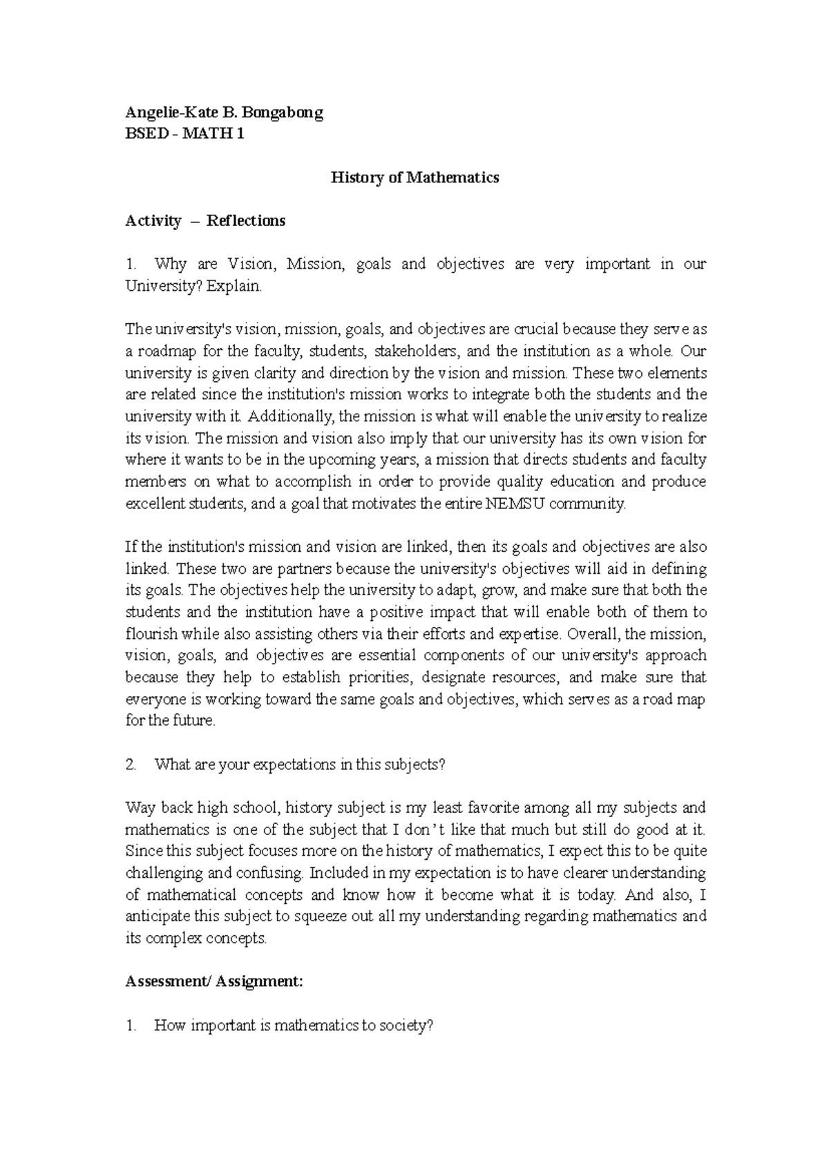 History of Math - Angelie-Kate B. Bongabong BSED - MATH 1 History of ...