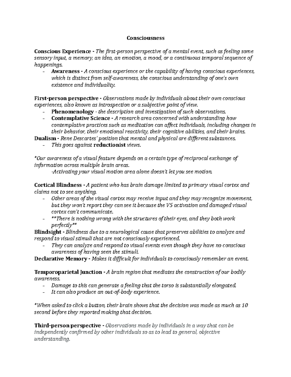 Consciousness - Notes on reading + lectures - Consciousness Conscious ...