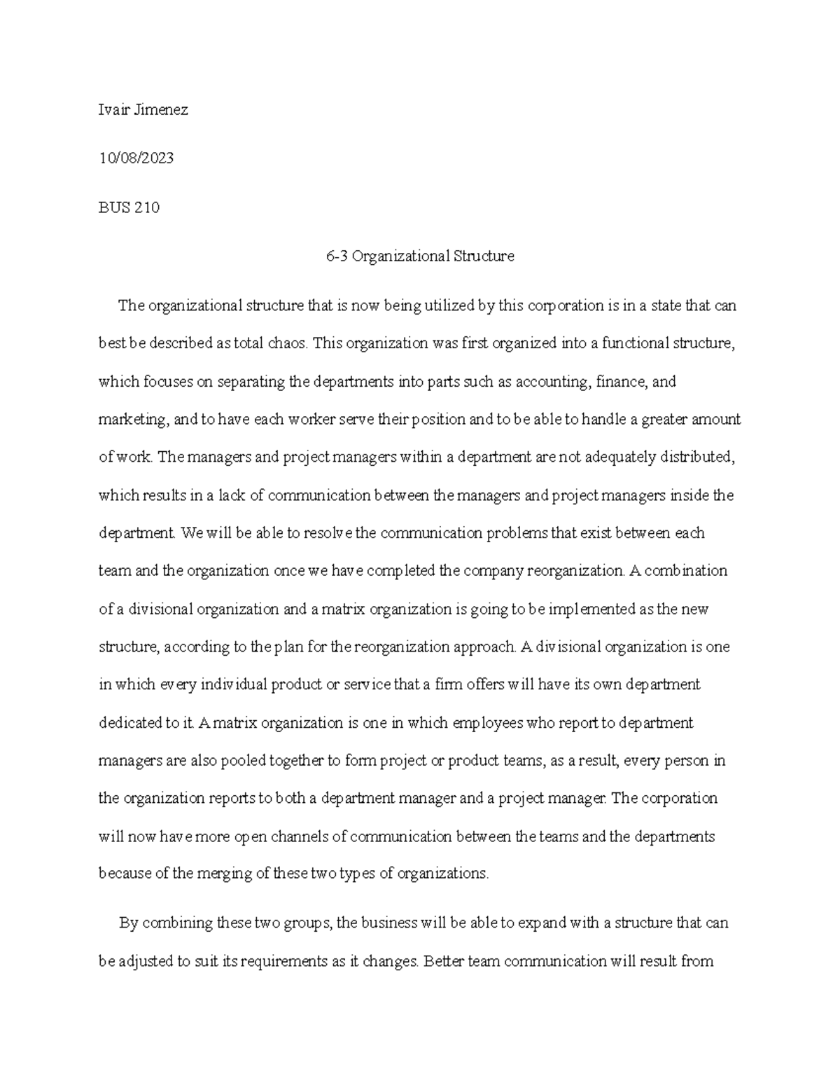Bus 210 assignment 6-2 - Ivair Jimenez 10 / 08 / BUS 210 6 - 3 ...