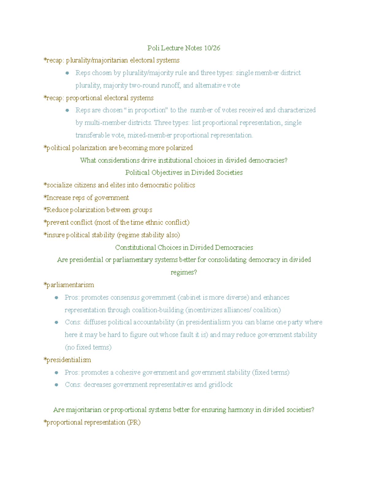 10 26 Poli Lecture Notes - Poli Lecture Notes 10/ *recap: plurality ...