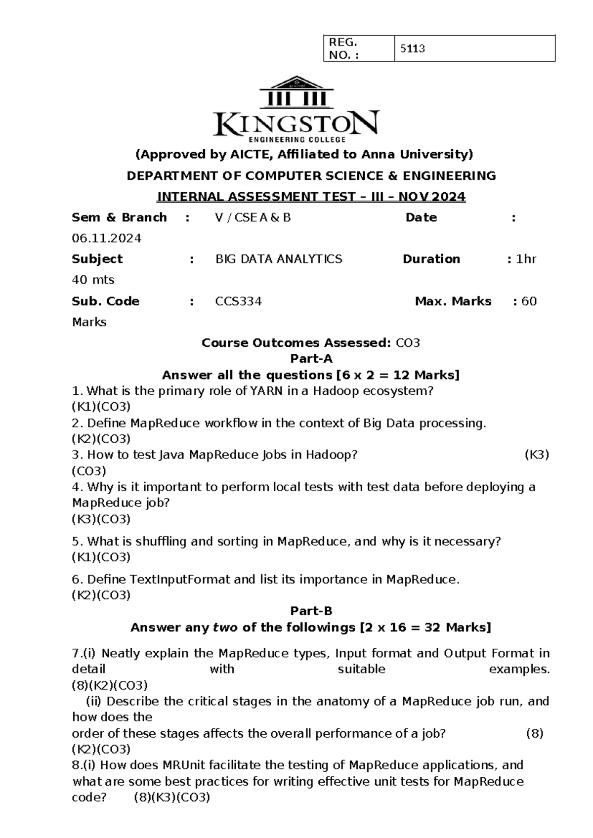 IAT 3 QP CCS334-BDA - QP-IAT-3 - REG. NO. : 5113 (Approved by AICTE ...