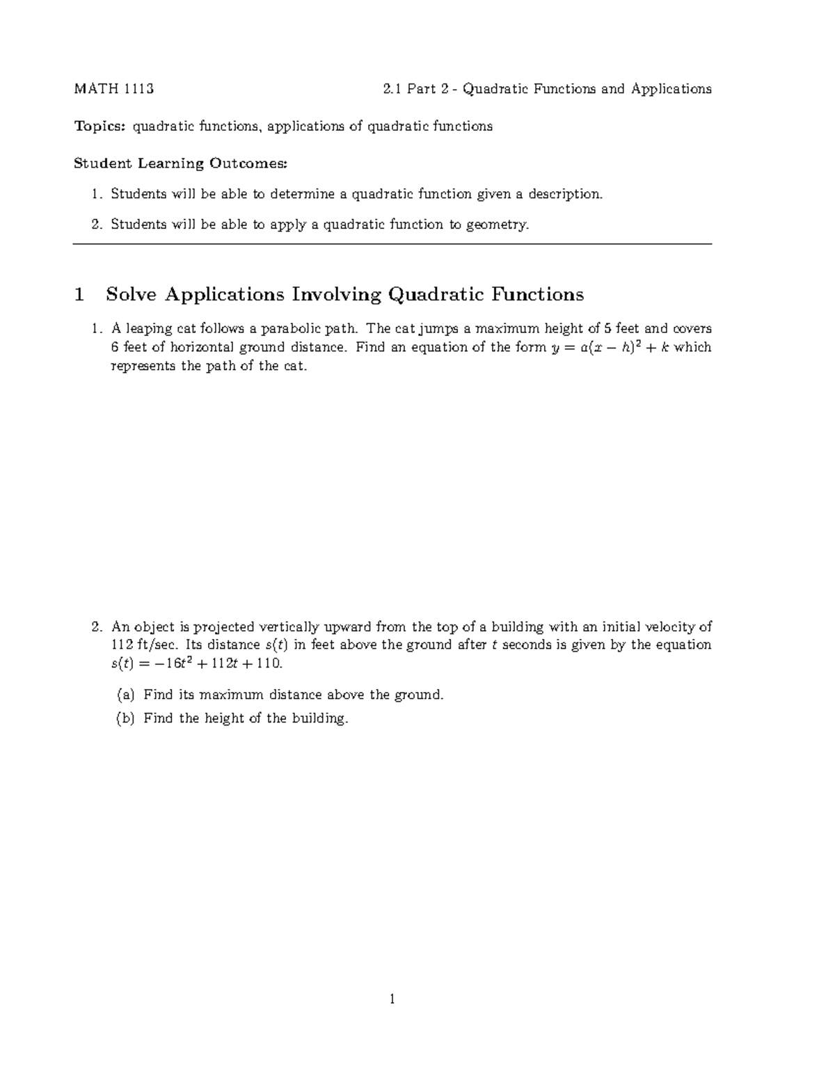 2.1 part 2 - math eq - MATH 1113 2 Part 2 - Quadratic Functions and ...