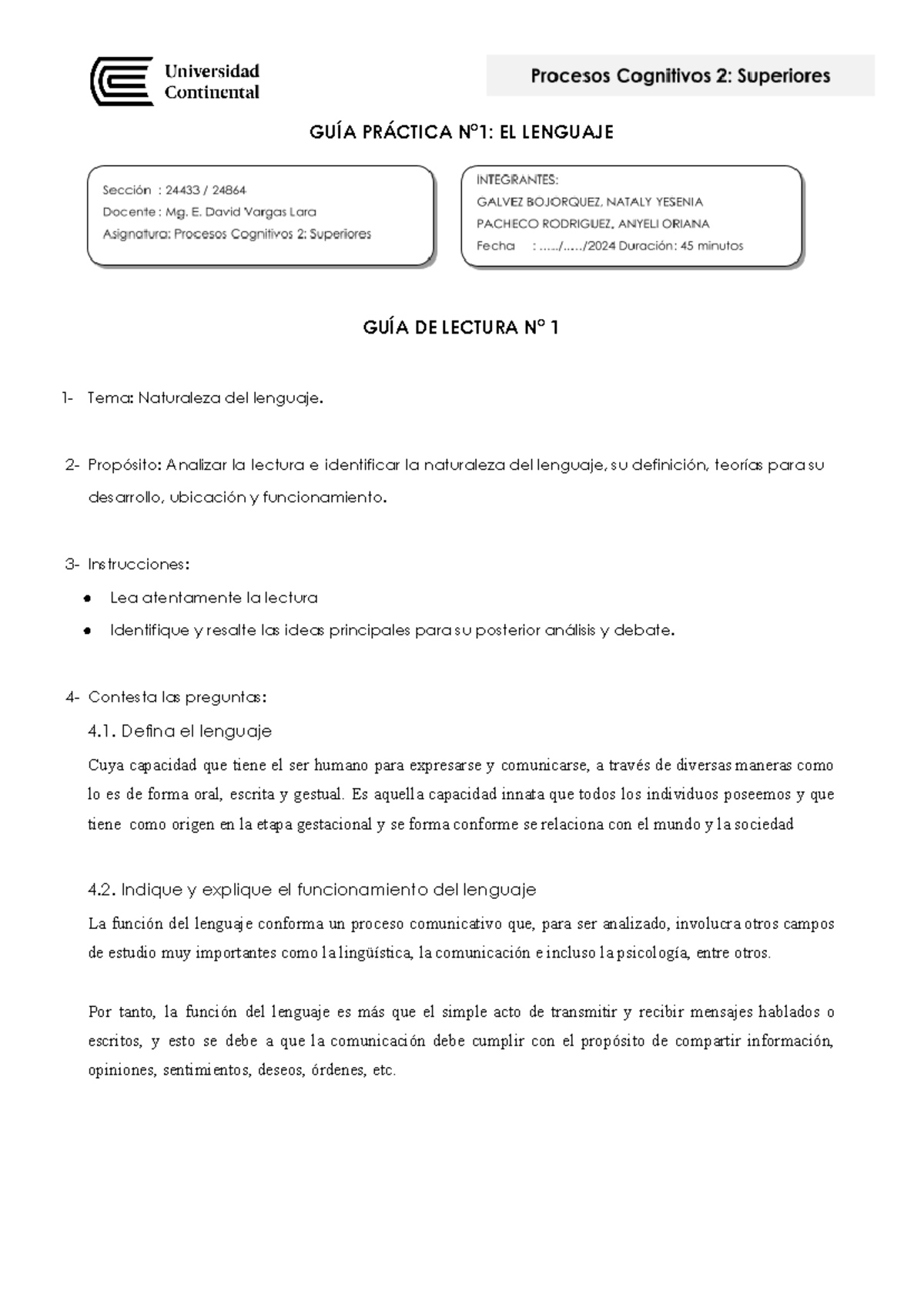 GUIA Pract. 1 - GUÍA PRÁCTICA N°1: EL LENGUAJE GUÍA DE LECTURA N° 1 1- Tema: Naturaleza del ...