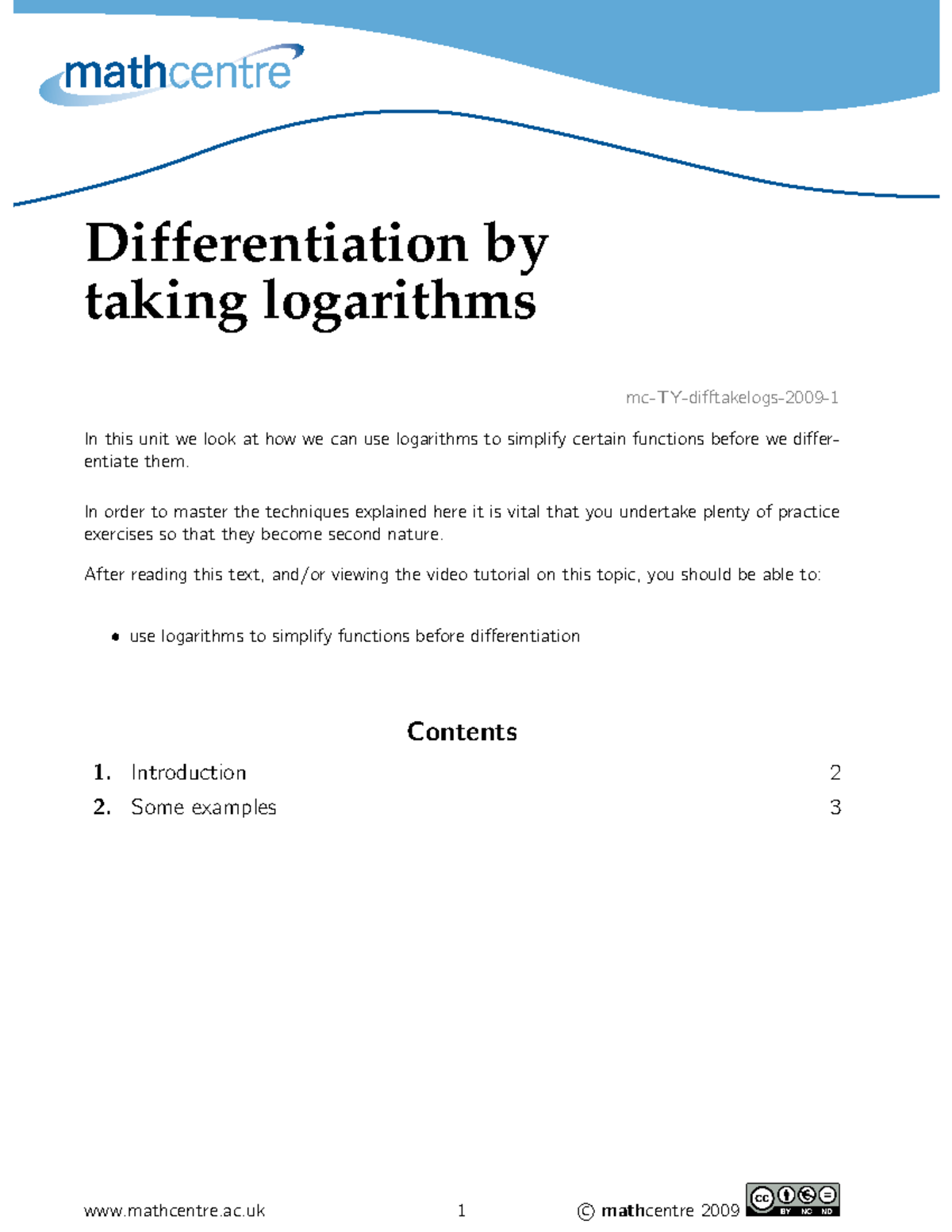 Differentiation - by taking logs - Help Sheet - Differentiation by ...