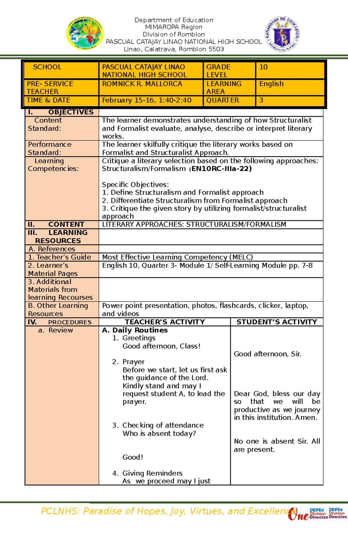 English 10-Topic 1 - Lesson Plan Grade 10 Quarter 3 Module 1 - MIMAROPA ...