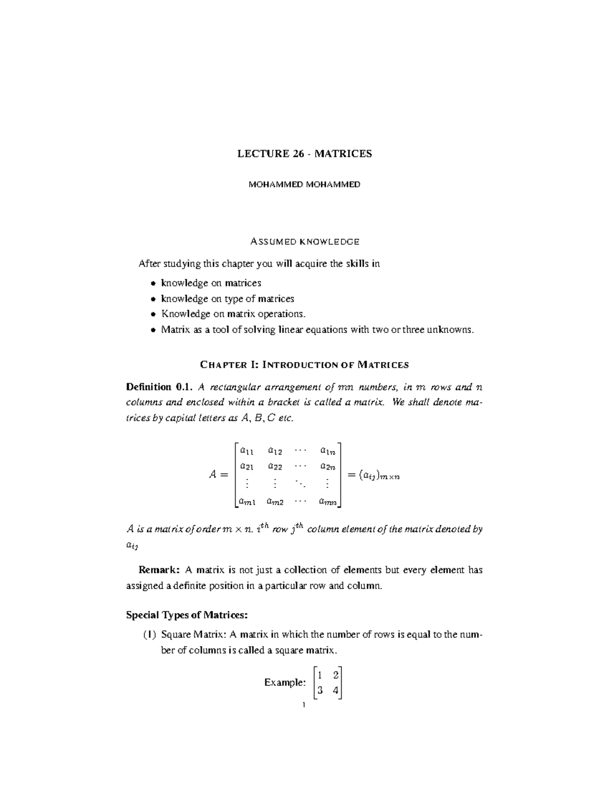 Lec26 Introduction to Matrix A - LECTURE 26 - MATRICES MOHAMMED ...