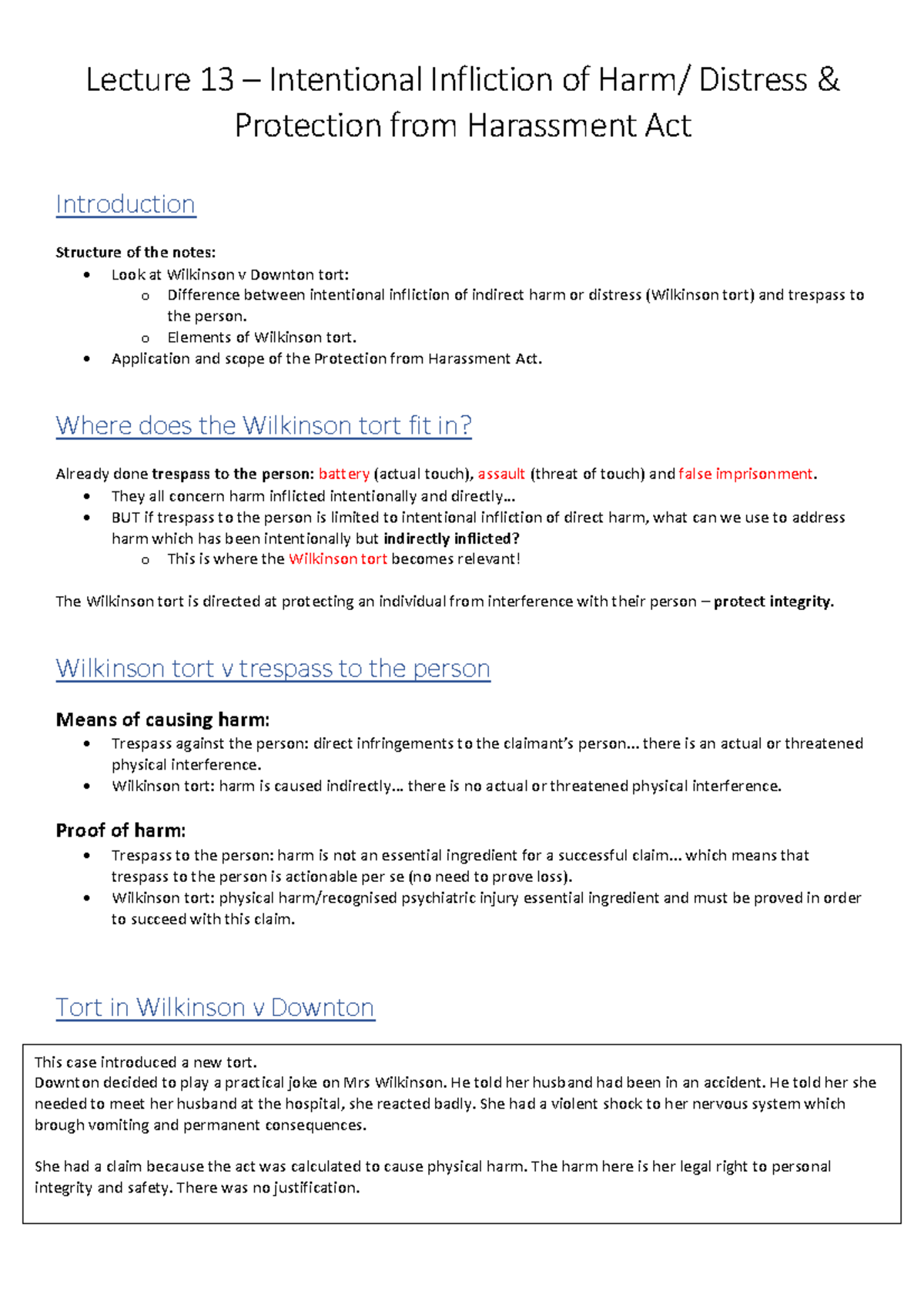 Wilkinson v Downton and Harassment Lecture 13 notes - Lecture 13 ...