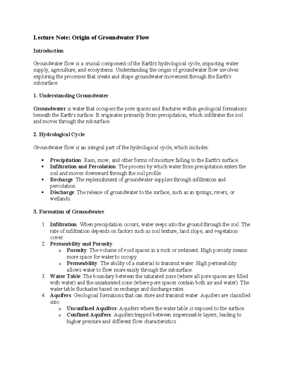 Lecture Note 1 GW - Lecture Note: Origin of Groundwater Flow ...