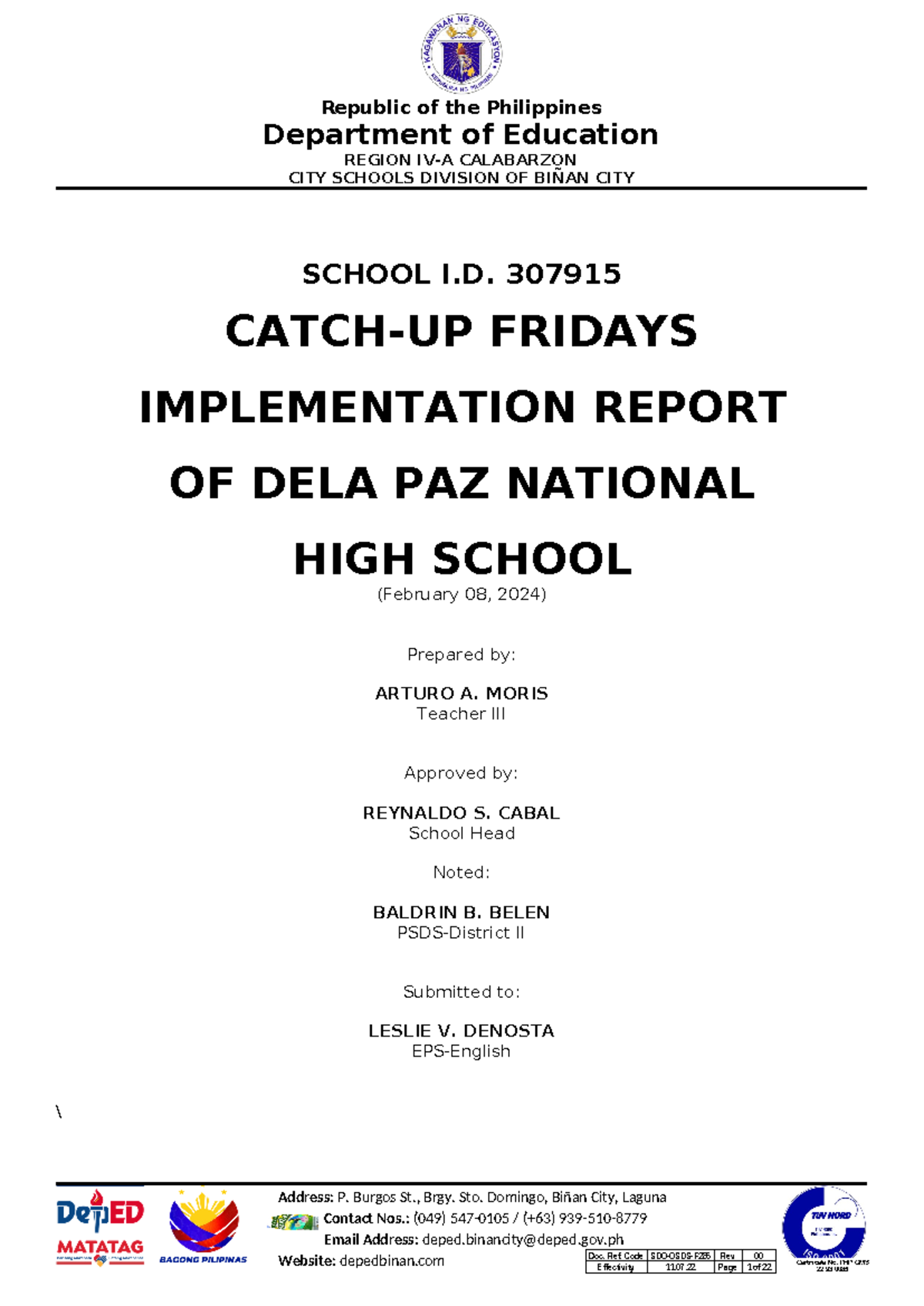 Catch-Up Friday Implementation Report - ####### Doc. Ref. Code SDO-OSDS ...