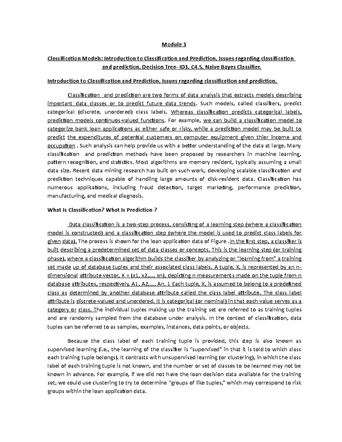 Data Mining and Ware Housing Module 3 - Module 3 Classification Models: Introduction to - Studocu