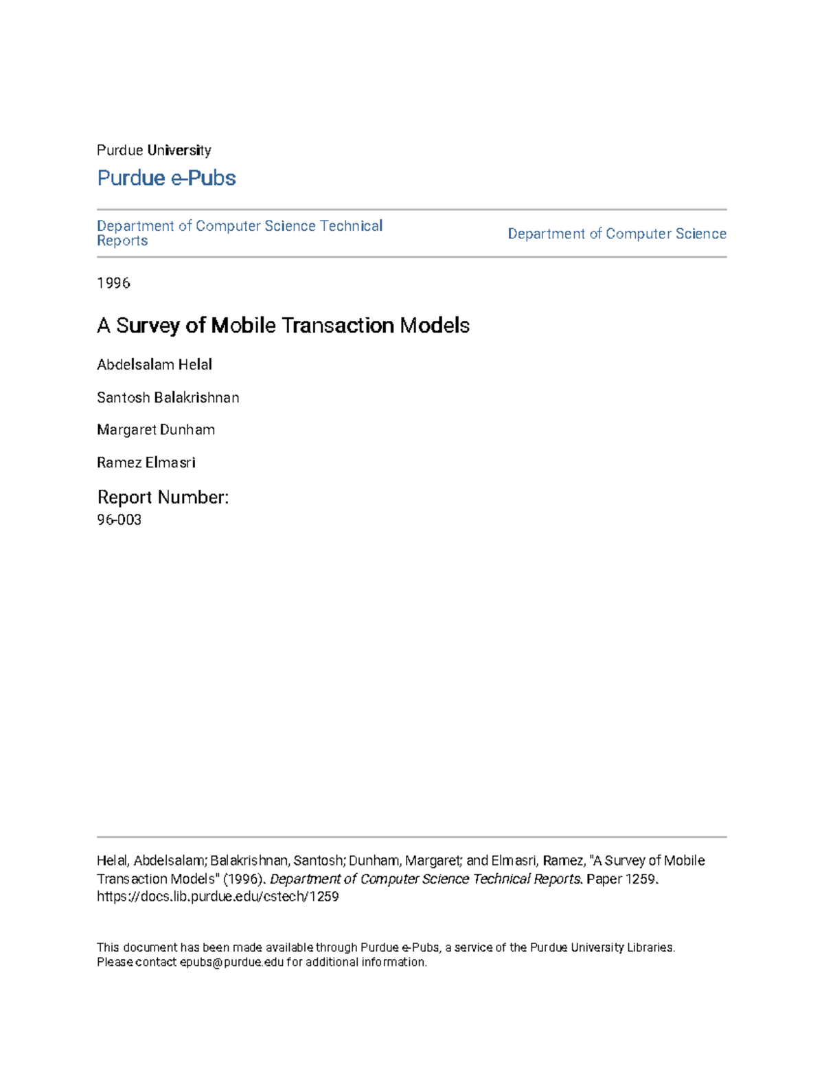 A Survey of Mobile Transaction Models - Purdue UniversityPurdue ...