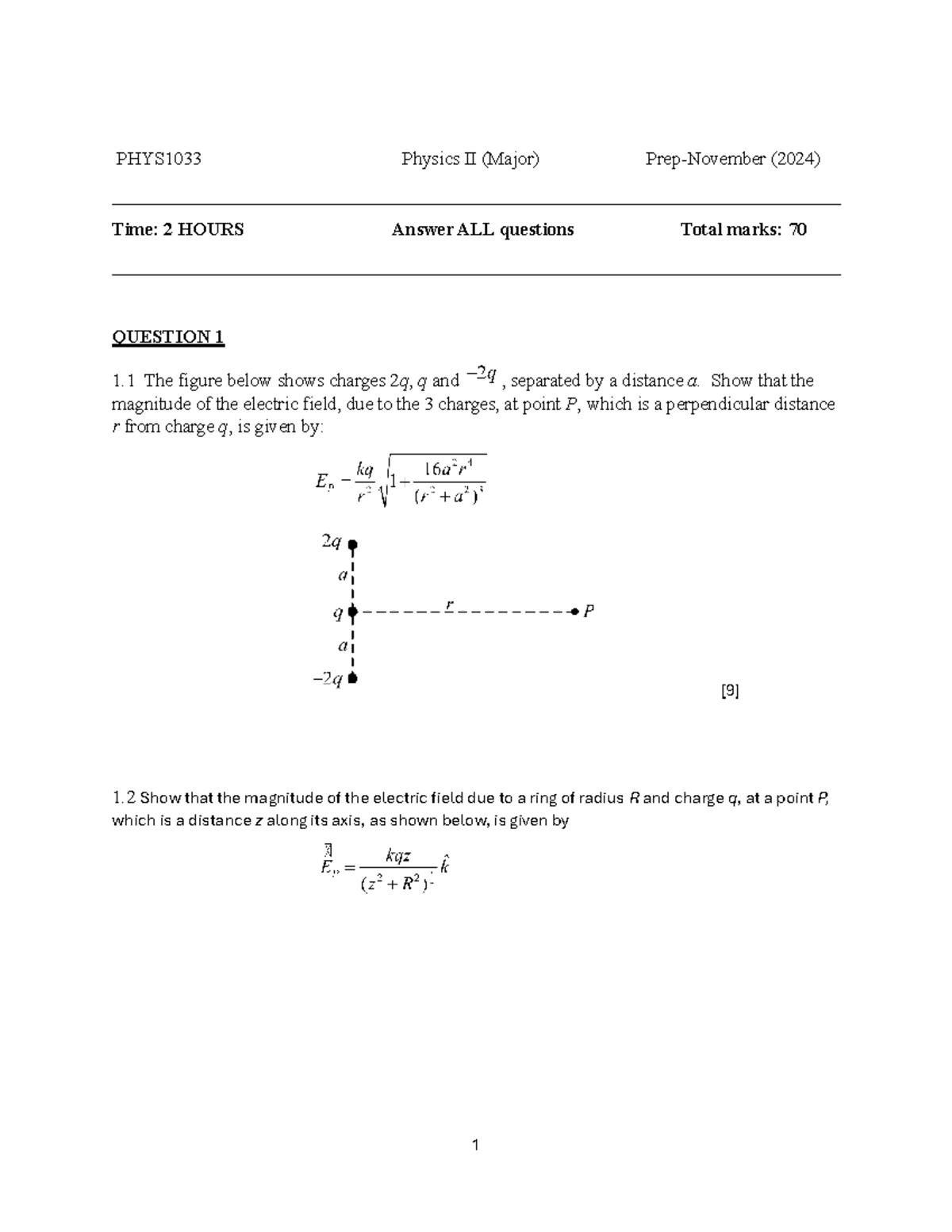 Physics 1033 - Past paper - PHYS10 33 Physics II (Major) Prep-November ...