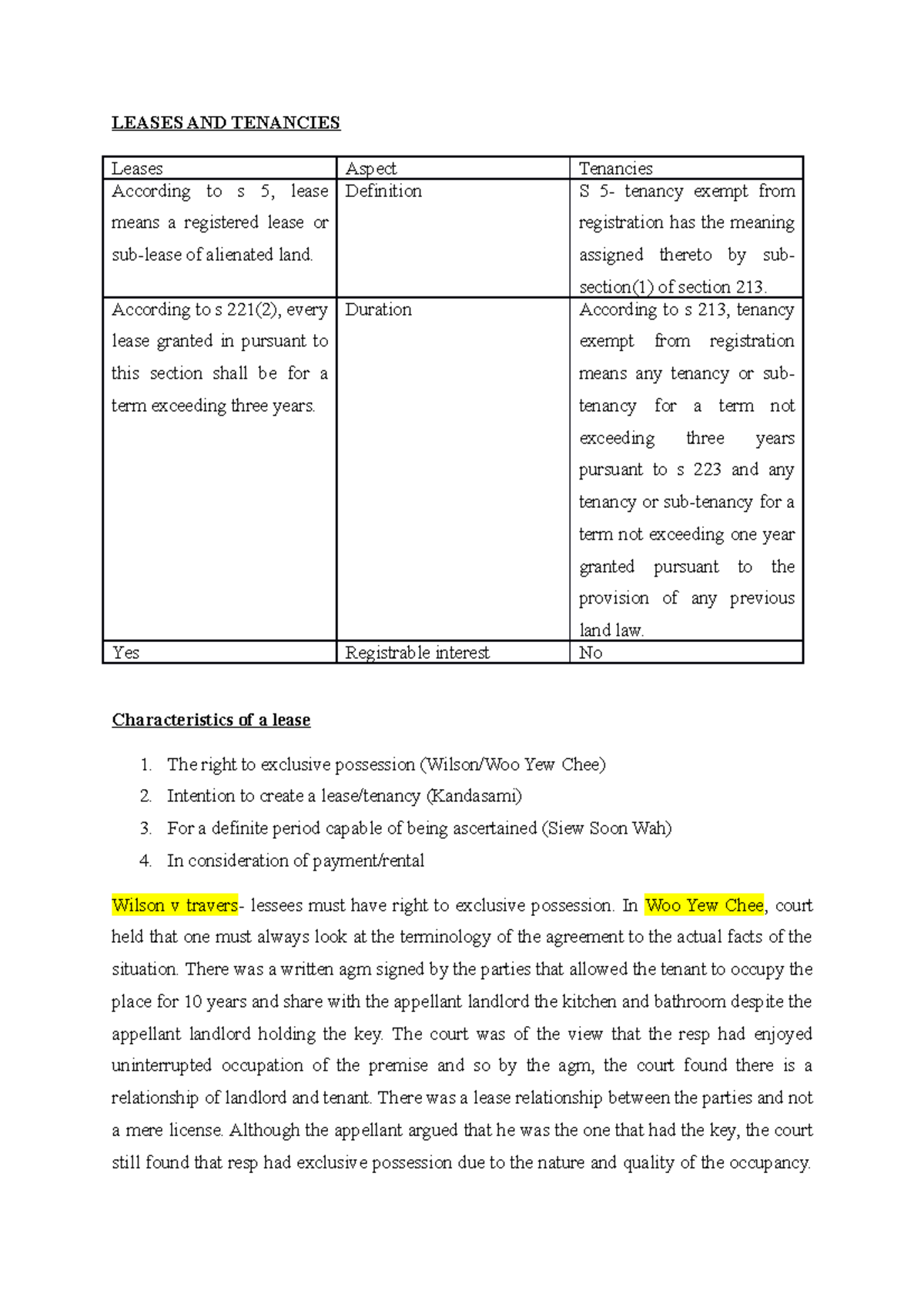 Leases AND Tenancies notes - LEASES AND TENANCIES Leases Aspect ...