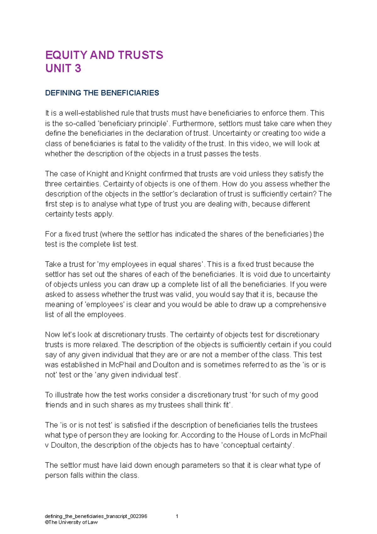 Defining the beneficiaries transcript 002396 - EQUITY AND TRUSTS UNIT 3 DEFINING THE ...