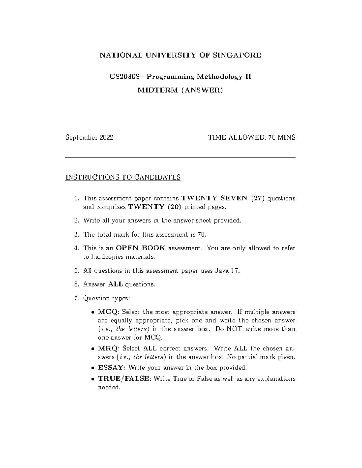 Midterm Answer - NATIONAL UNIVERSITY OF SINGAPORE CS2030S– Programming Methodology II MIDTERM ...