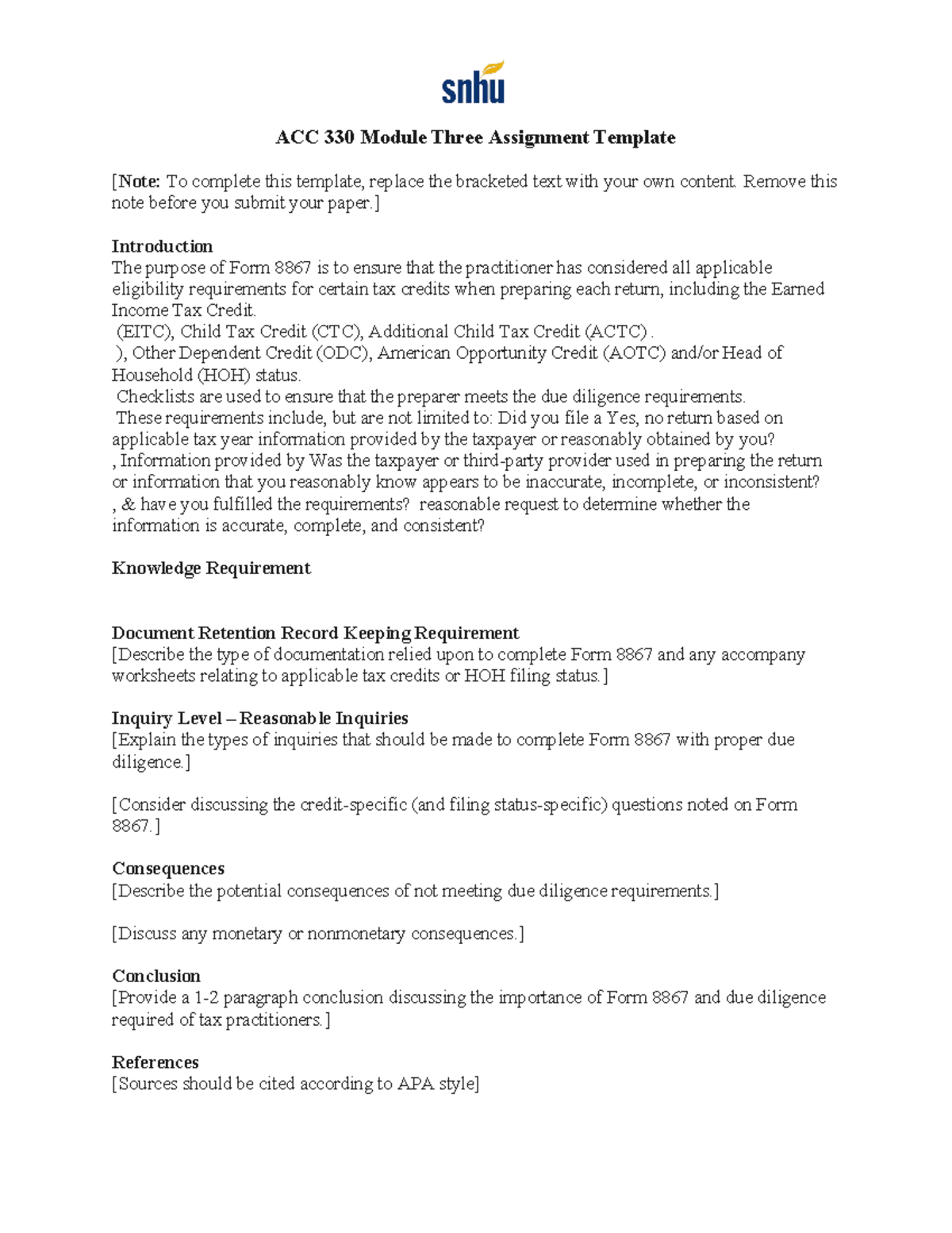ACC 330 Module Three Assignment Template - ACC 330 Module Three Assignment Template [Note: To ...