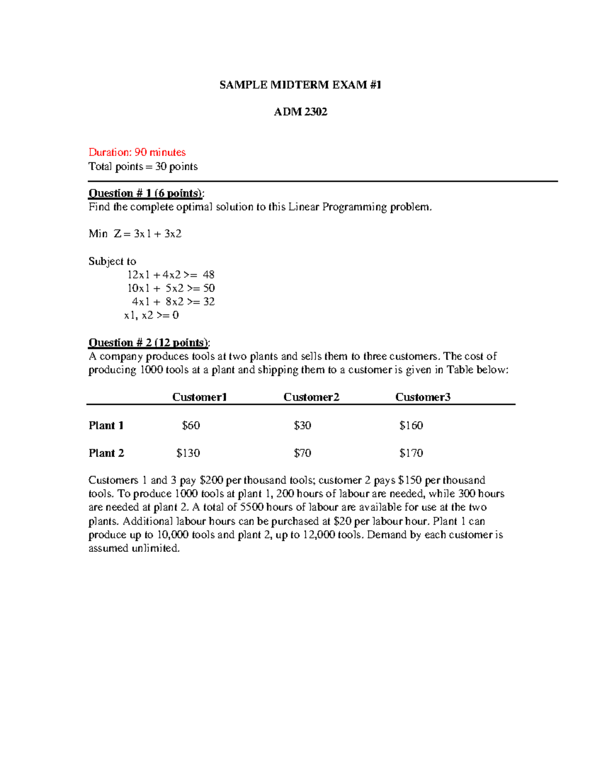 Midterm Sample 1 - SAMPLE MIDTERM EXAM ADM 2302 Duration: 90 minutes ...