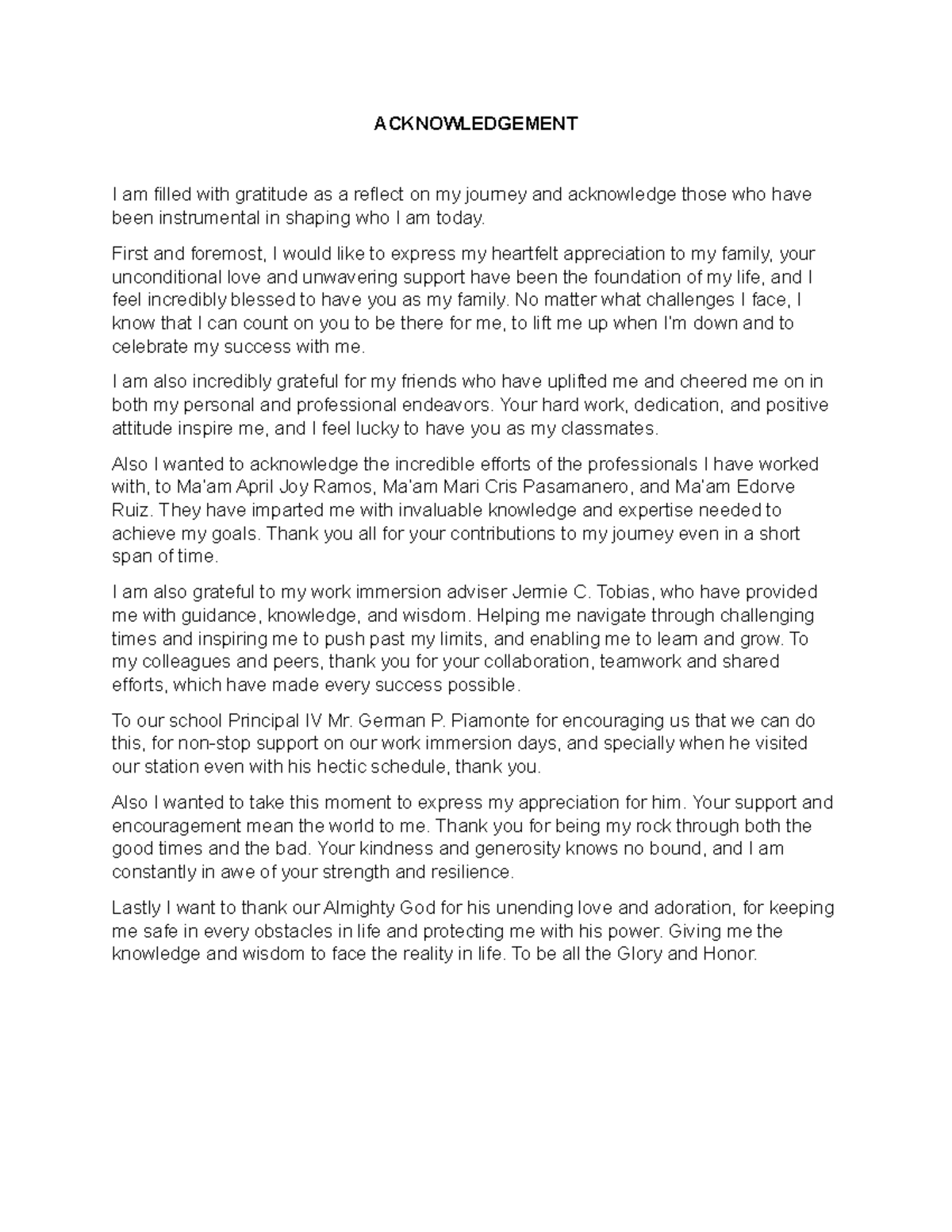 Marvee acknowledgemeng - ACKNOWLEDGEMENT I am filled with gratitude as ...