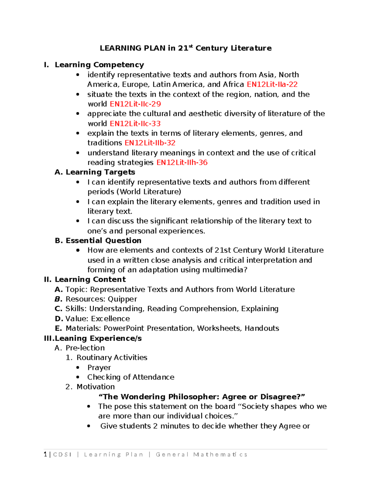 Learning PLAN in 21st Century Lit - LEARNING PLAN in 21st Century ...