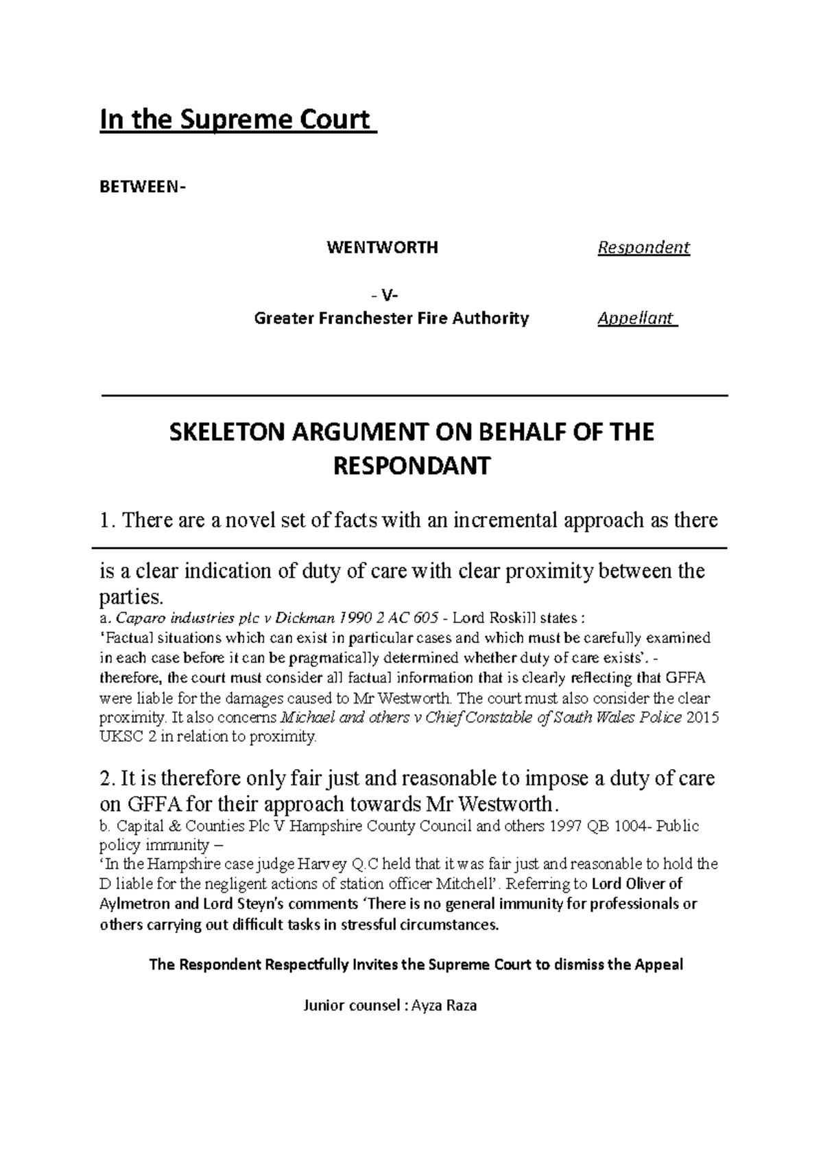 Formative Skeleton Argument Example In The Supreme Court BETWEEN