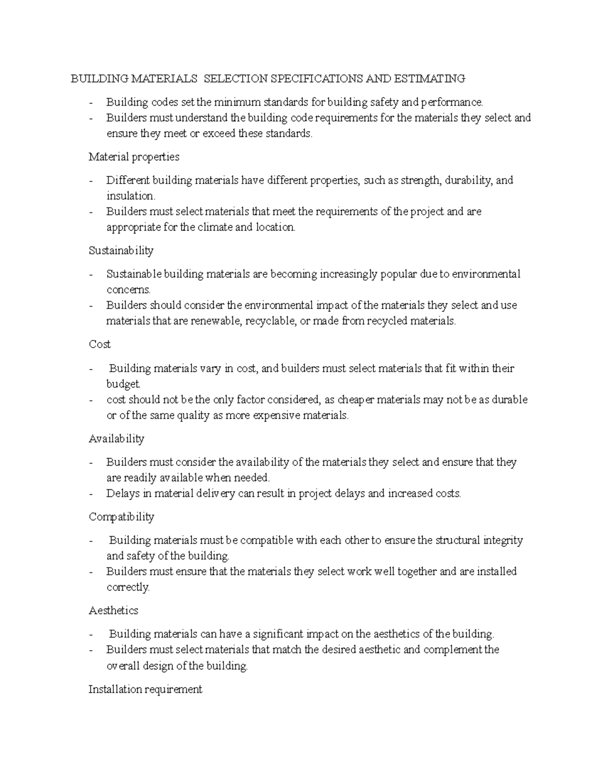 Building Materials Selection Specifications AND Estimating Notes 1 ...
