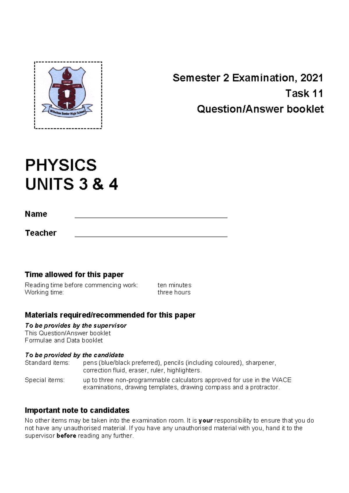 2021 physics semester 2exam - Semester 2 Examination, 2021 Task 11 ...