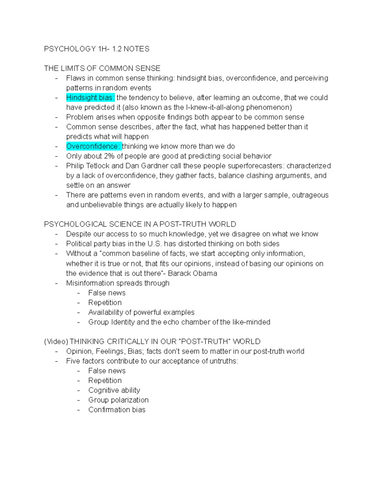 Psychology 1H 1.2 Notes - PSYCHOLOGY 1H- 1 NOTES THE LIMITS OF COMMON ...