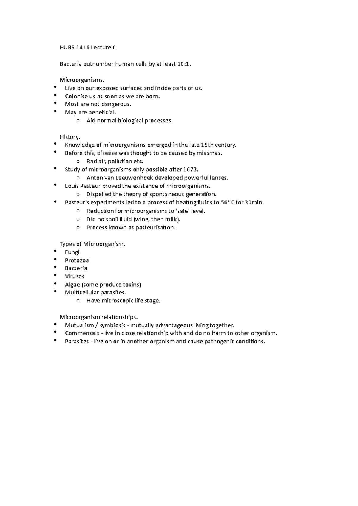 HUBS 1416 Lecture 6 - notes - HUBS 1416 Lecture 6 Bacteria outnumber ...