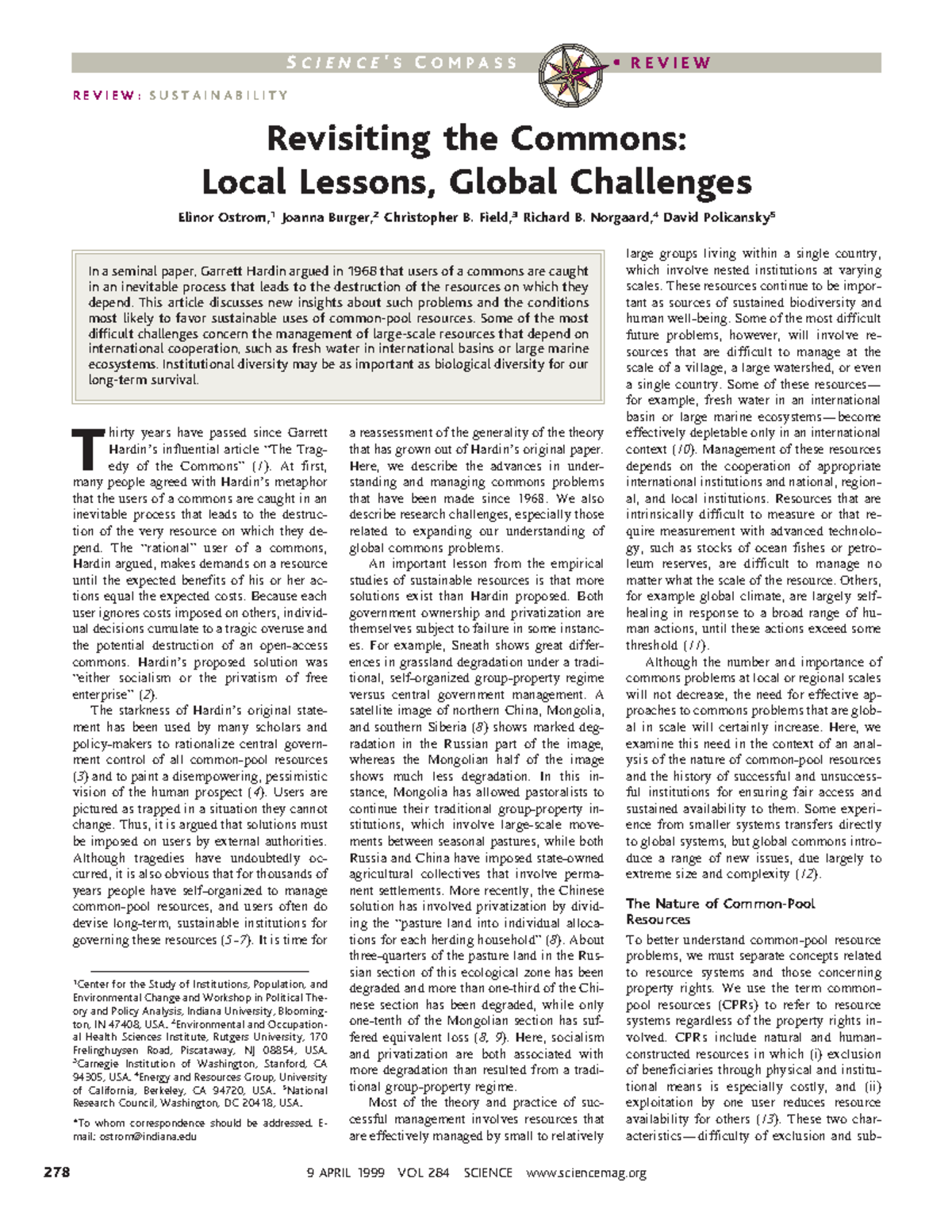 Ostrom Revisiting the Commons - R E V I E W : S U S T A I N A B I L I T ...