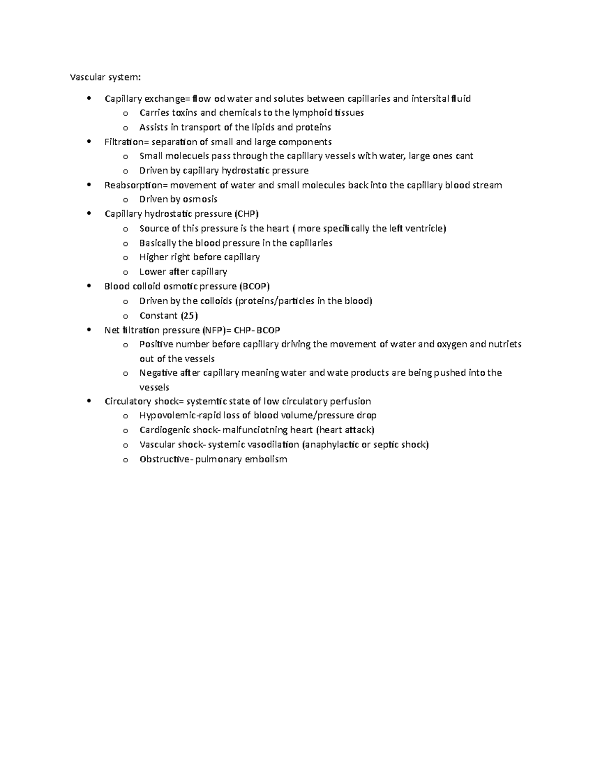 Vascular system Lecture Notes - Vascular system: Capillary exchange ...