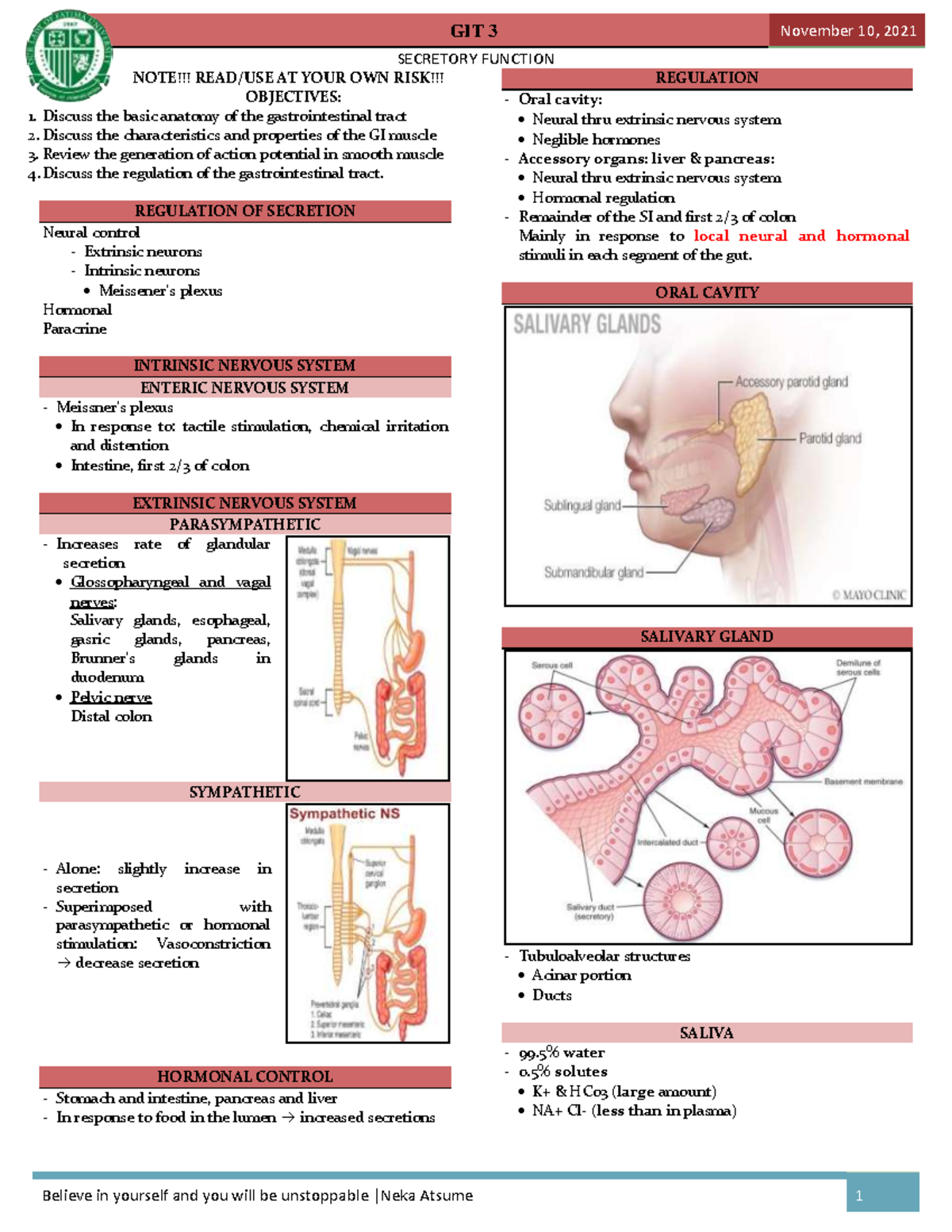 Secretory function (GIT) - SECRETORY FUNCTION NOTE!!! READ/USE AT YOUR ...