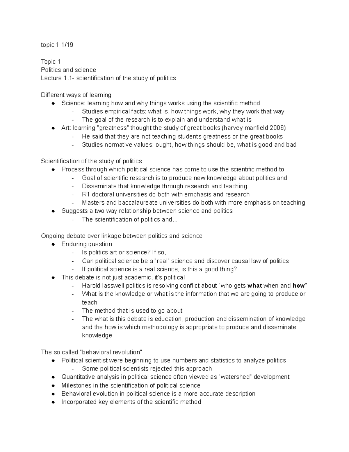 Pols 233 - topic 1 1/ Topic 1 Politics and science Lecture 1 ...