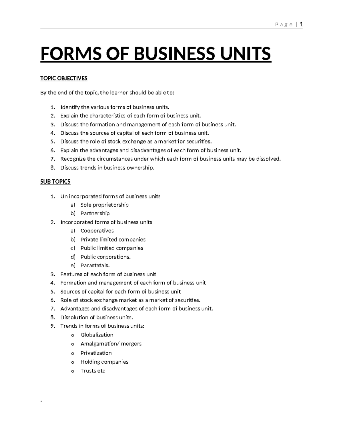 7. Forms OF Business Units - FORMS OF BUSINESS UNITS TOPIC OBJECTIVES ...