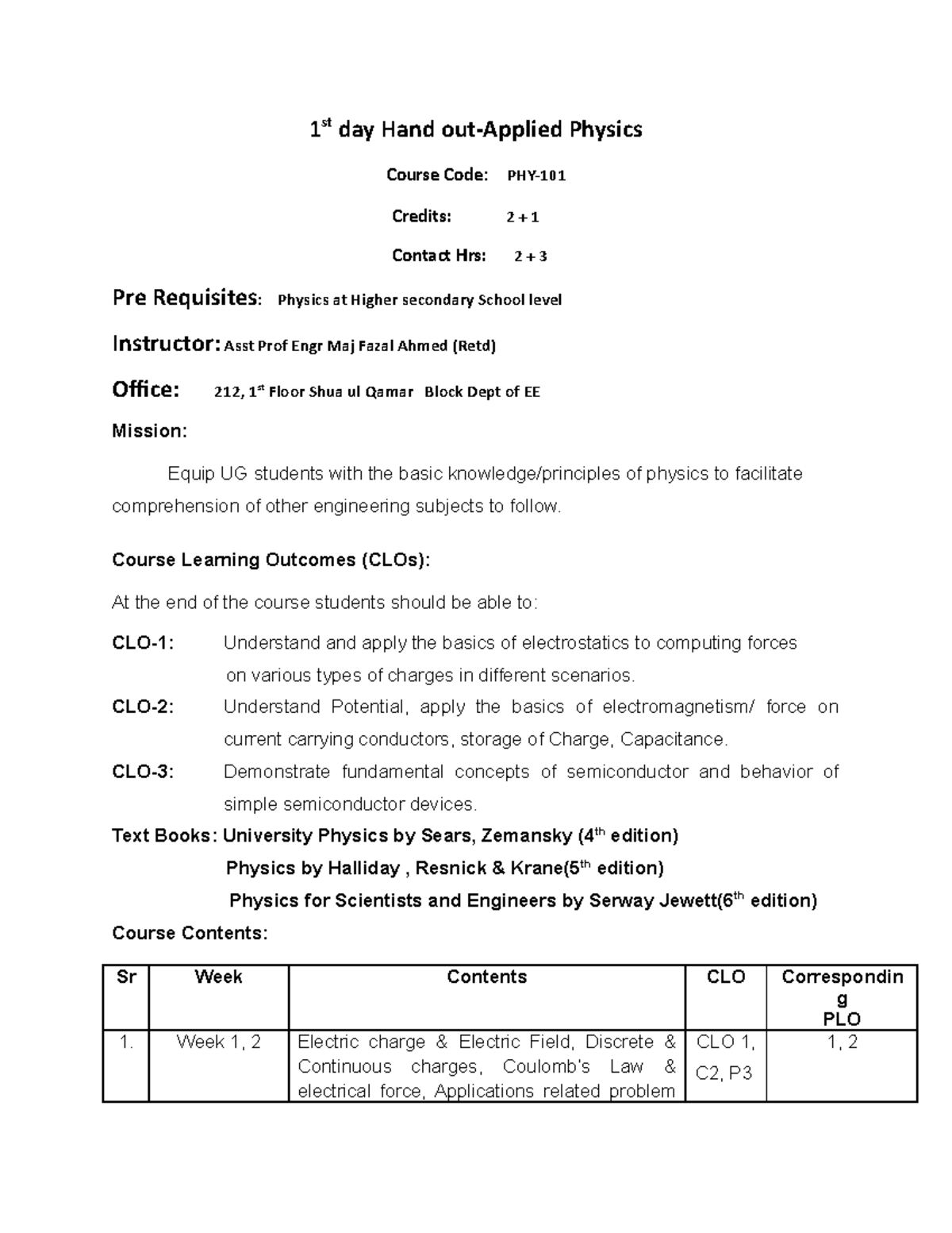 Physics Lec 0 old - study hard - 1 st day Hand out-Applied Physics ...