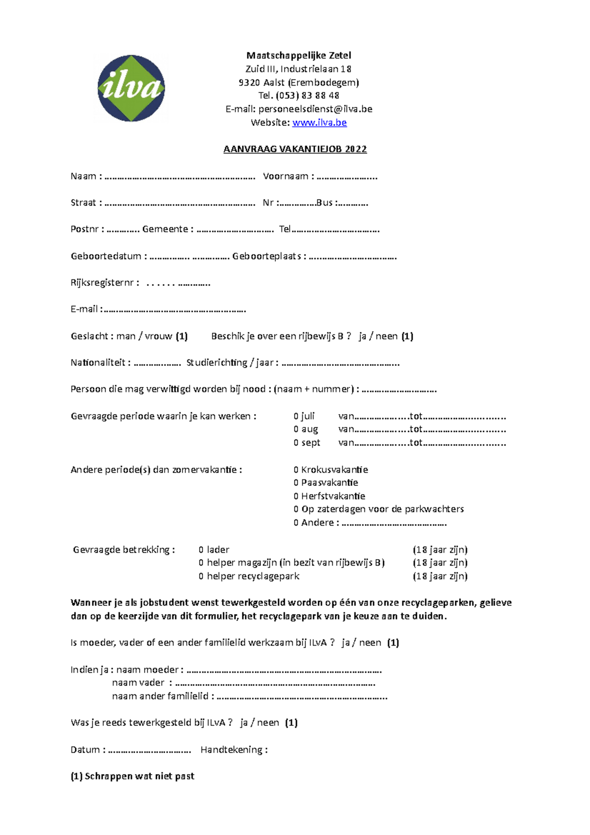 Aanvraag formulier vakantiewerk zomer 2022 - Maatschappelijke Zetel ...