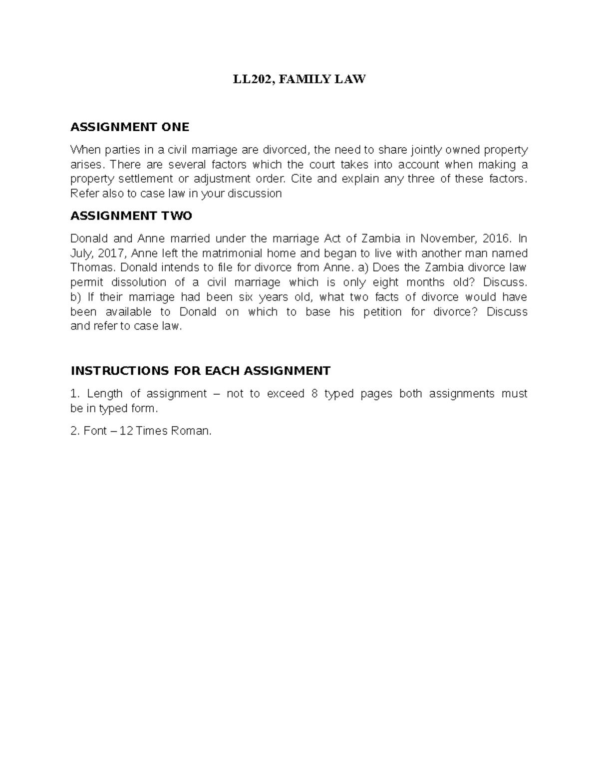 LL 202 Family LAW - Civil marriage, divorce and land related issues ...