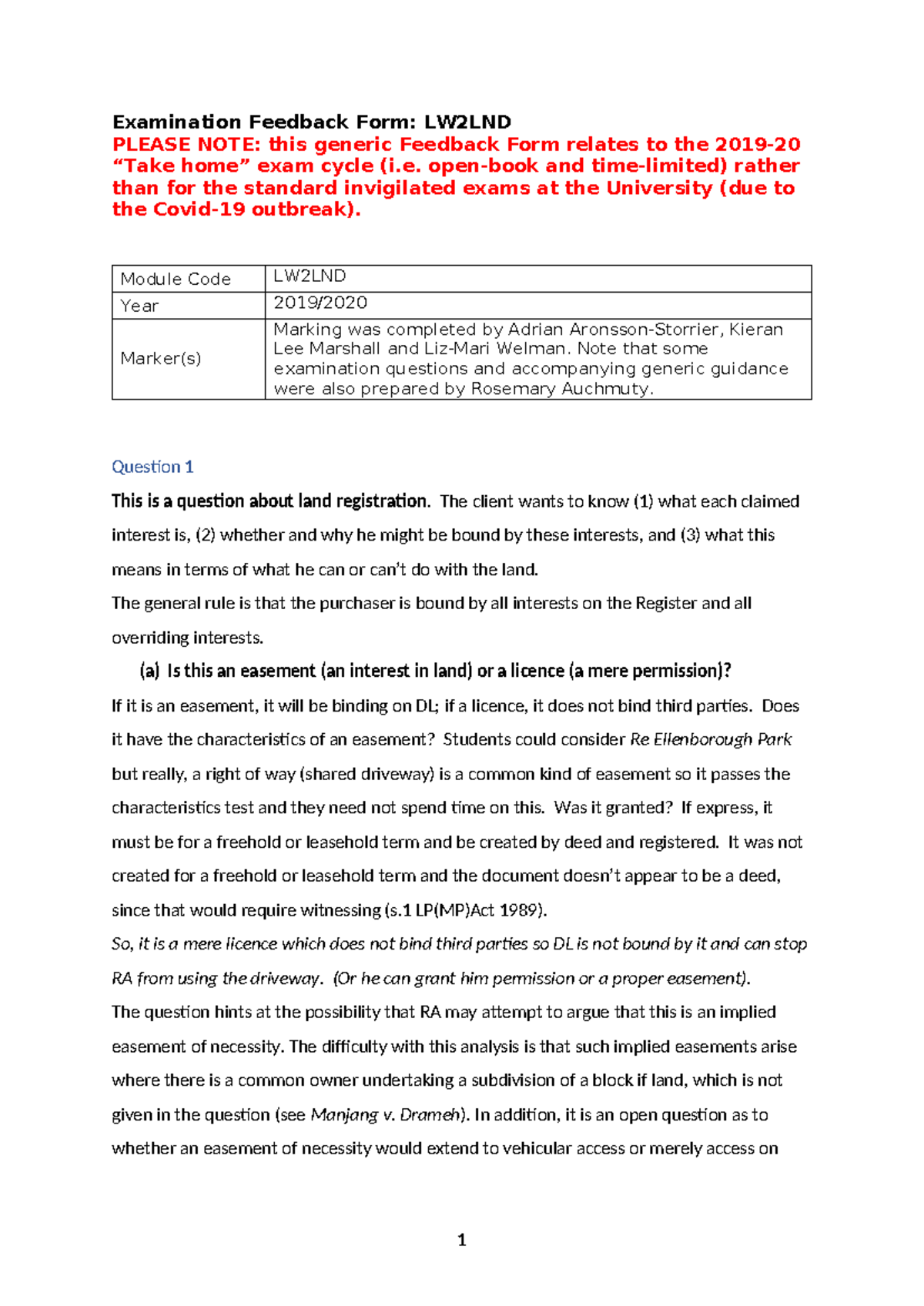 LW2LND examination feedback form 2019-20 - Examination Feedback Form ...