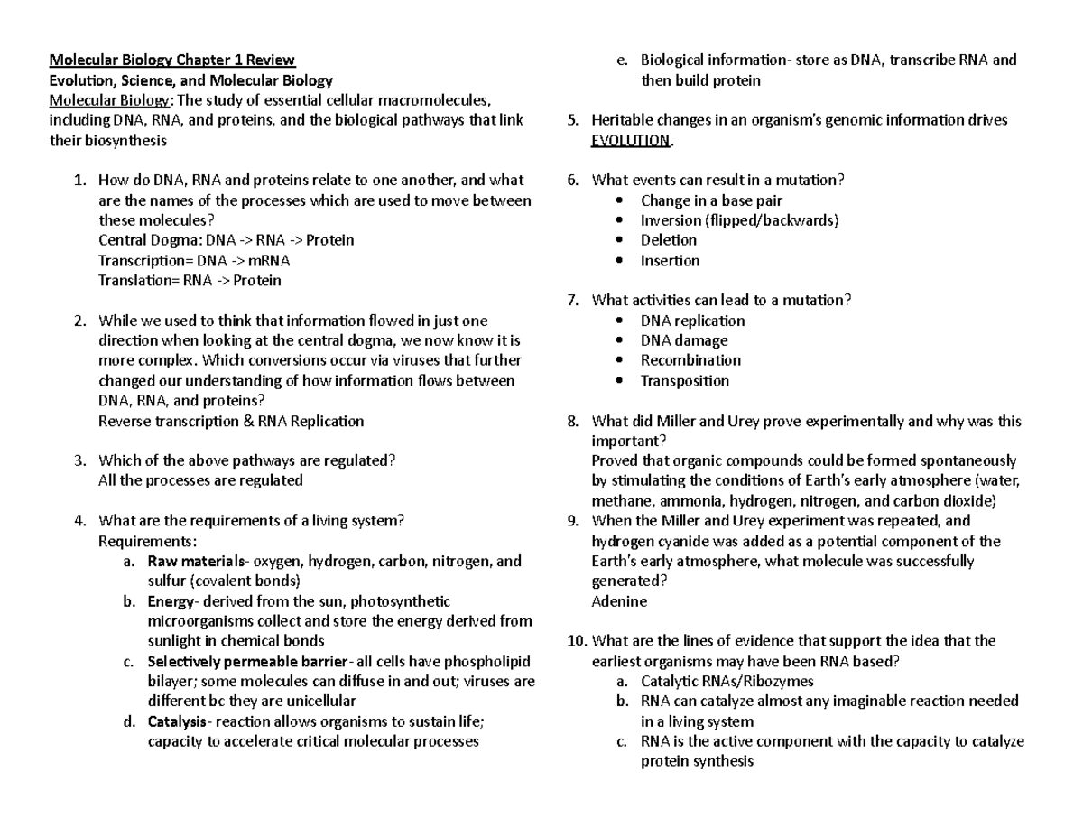 Exam 1 Study Guide - Molecular Biology Chapter 1 Review Evoluion ...