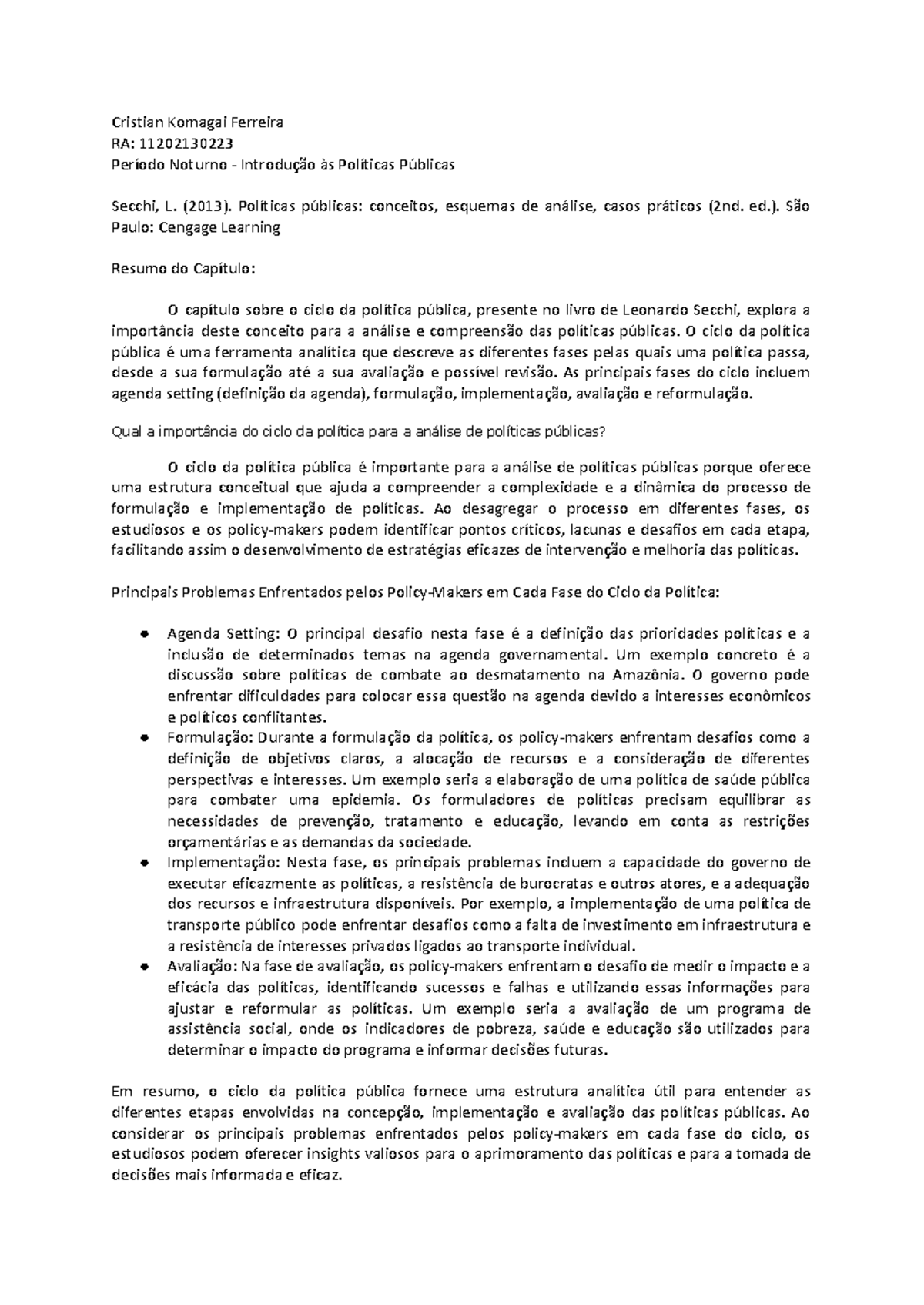 Fichamento IV - Resumo Introdução às Políticas Públicas - Cristian ...