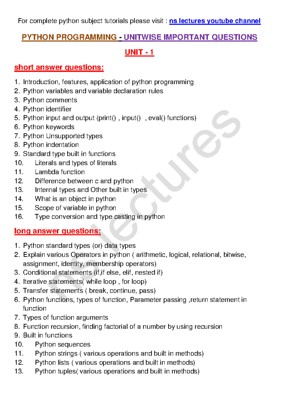 Python Programming Imp Python Programming Unitwise Important Questions Unit 1 Short Answer 0230